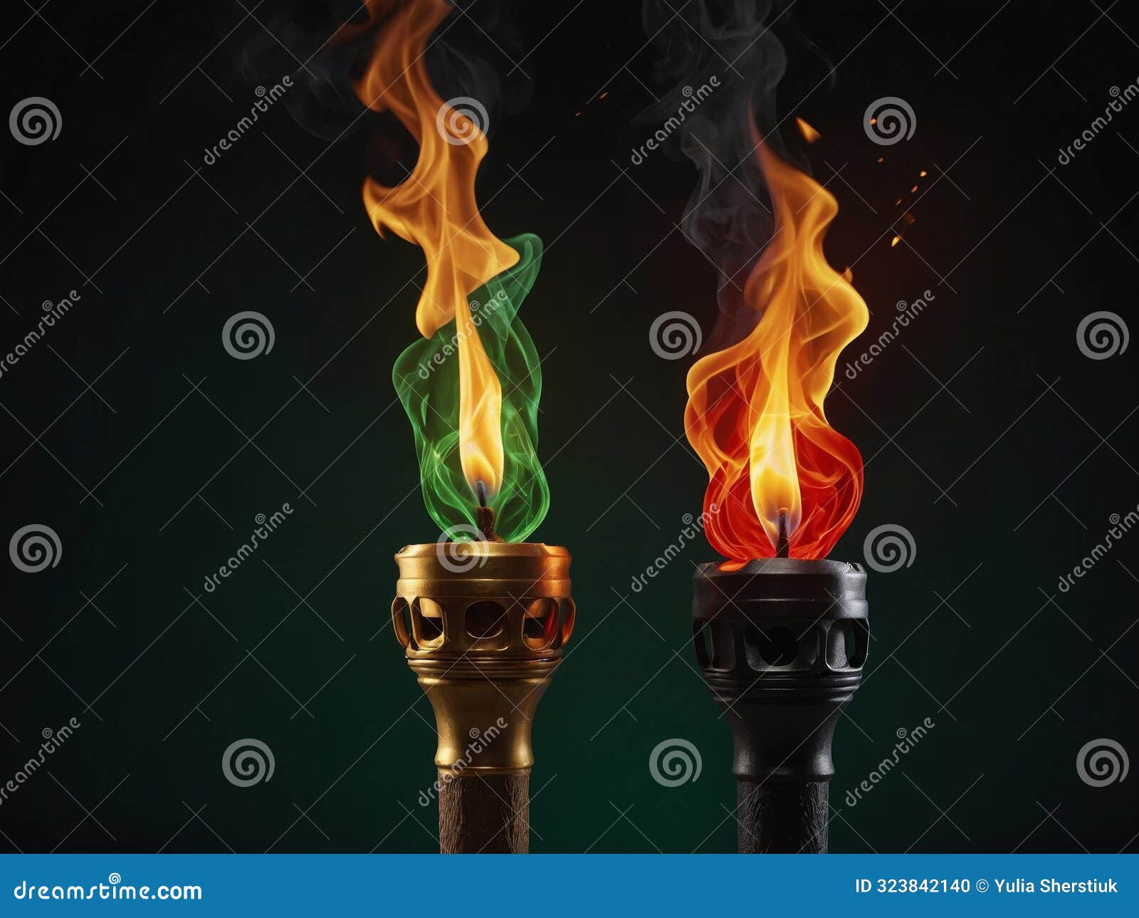 Three Burning Torches in Black, Green, Red and Yellow Colors ...