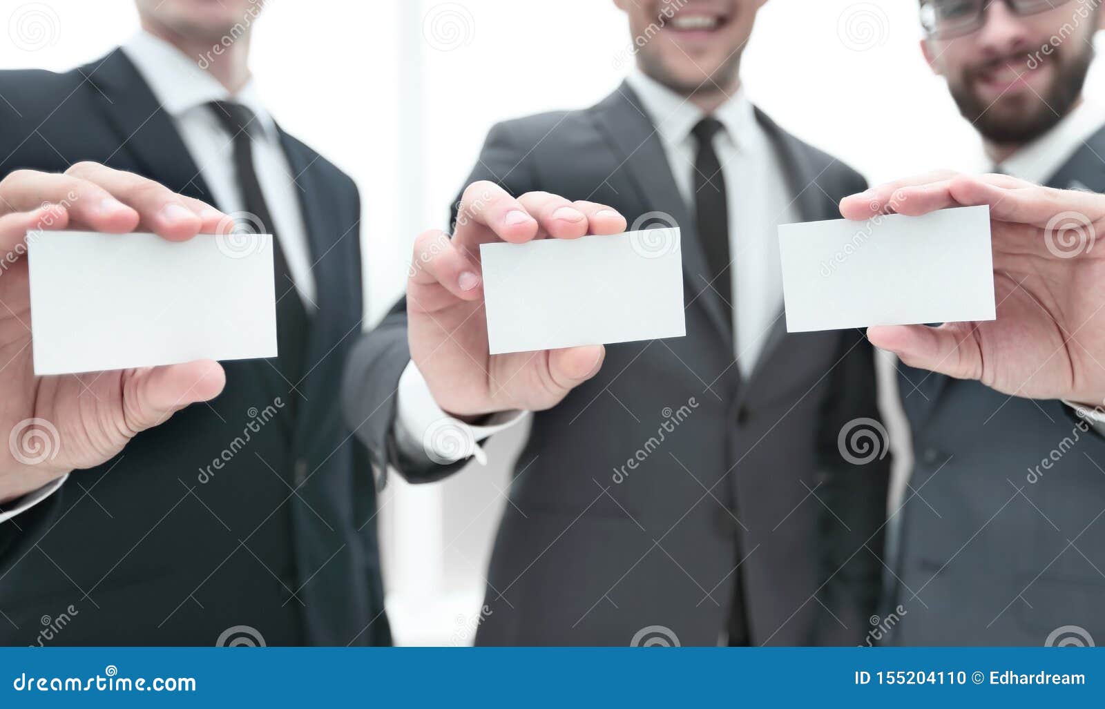 Three Business Partners Showing Their Business Card Form Stock Photo ...
