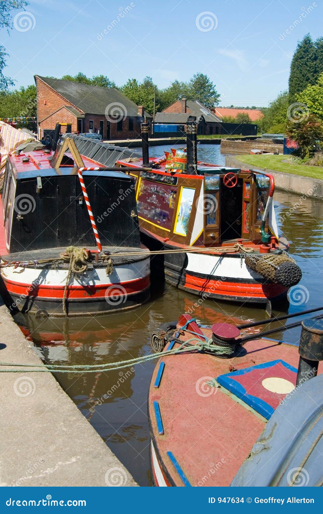 Three canal boats stock photo. Image of water, narrowboats - 947634