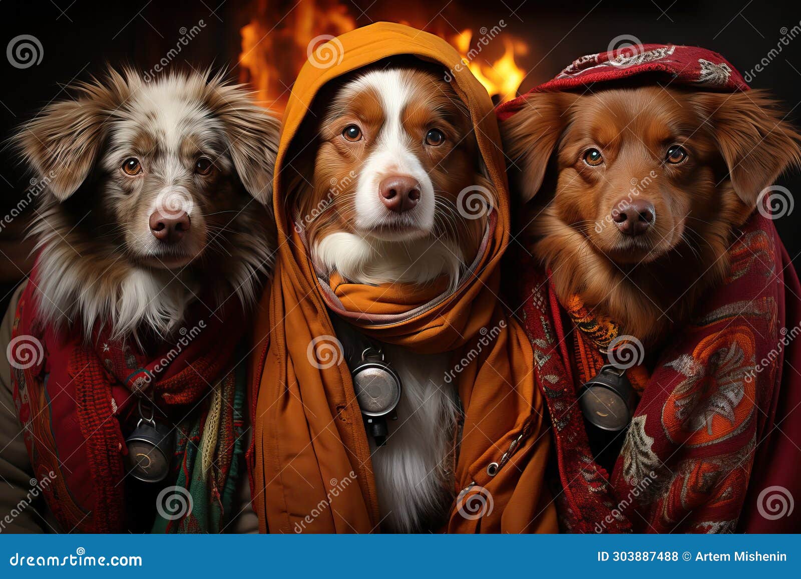 Three Canines Draped In Ornate Garb, Illuminated By A Mystical Fire ...