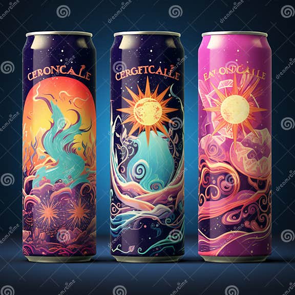 Three Cans with Their Designs on Them in Different Colors and Sizes ...