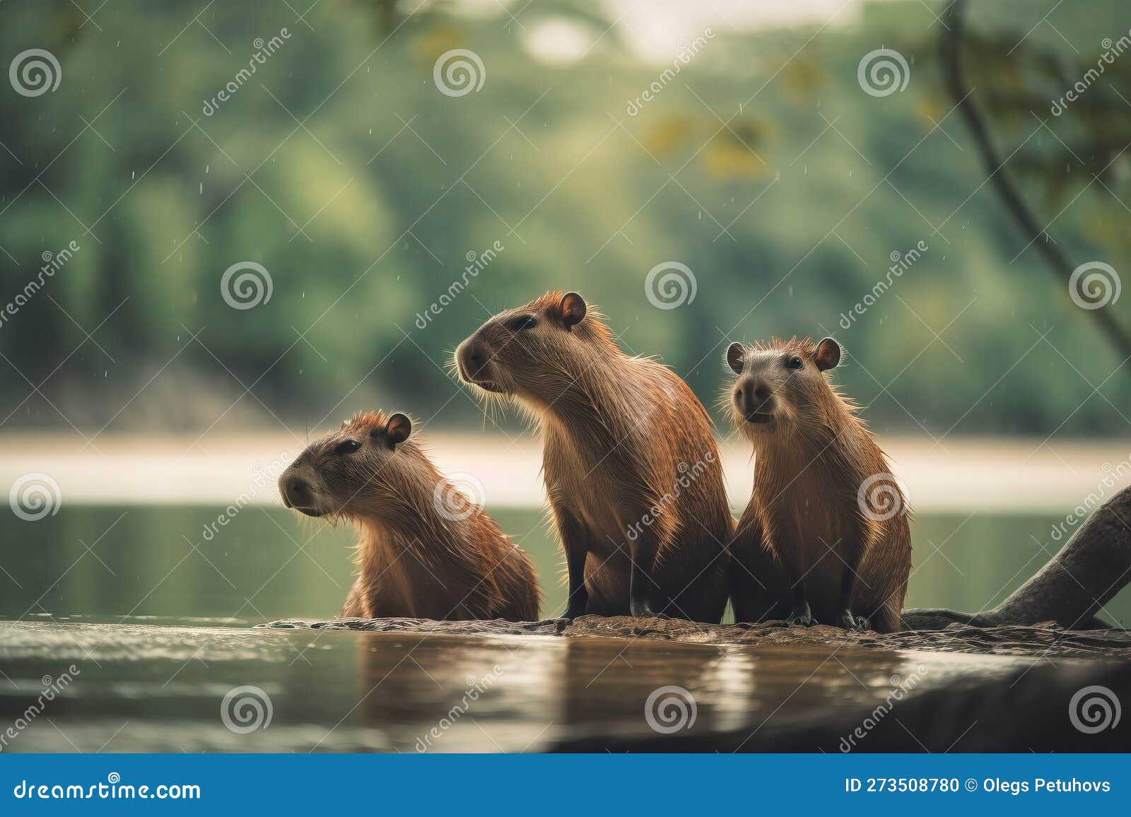 Three Capybaras Are Sitting On A Log In The Water Royalty-Free Stock ...