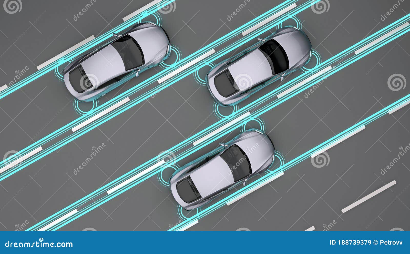 Three Cars with Sensors on Road Top View Stock Illustration ...