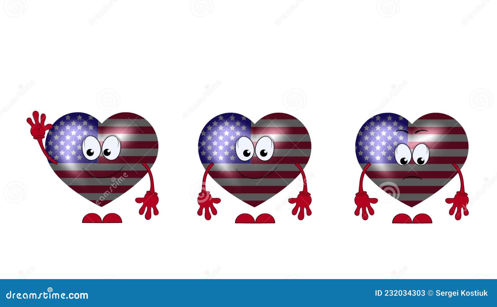 Three Cartoon Flags of the USA in the Shape of a Heart. Different ...