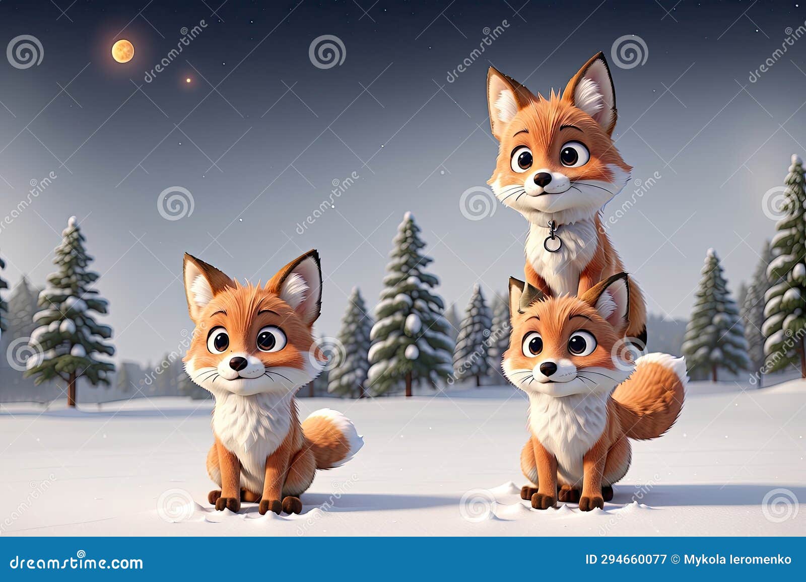 Three Cartoon Foxes on the Background of Winter Forest Stock ...
