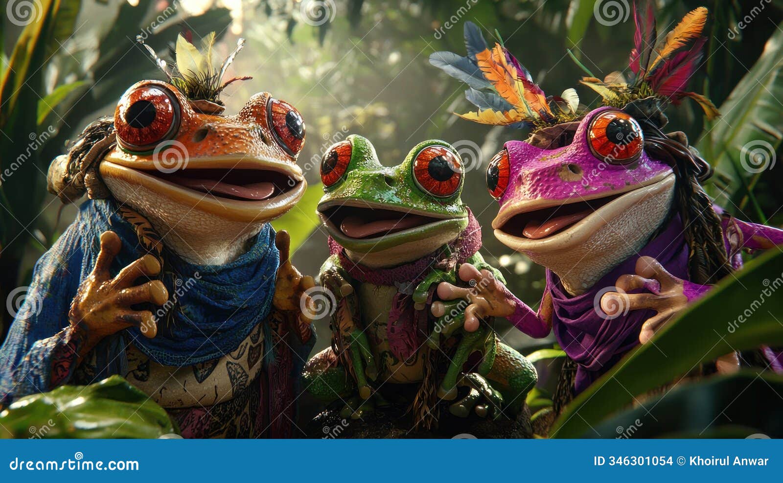 Three Cartoon Frogs Dressed in Colorful Clothing Smiling and Looking at ...