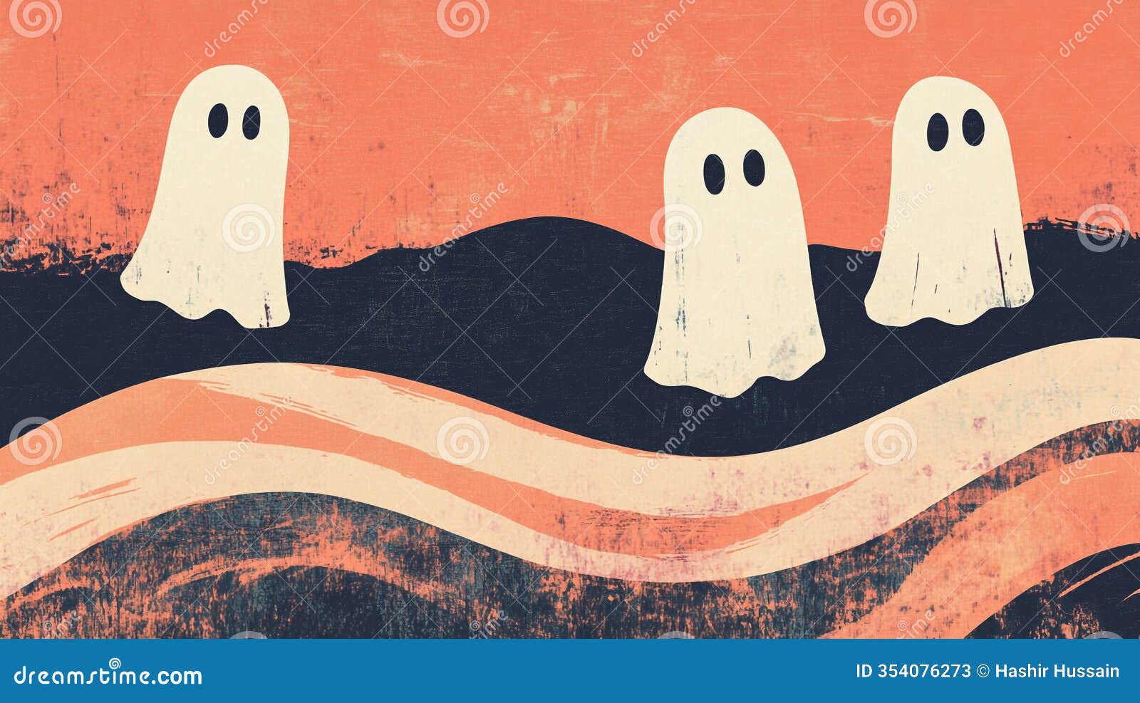 Three Cartoon Ghosts Floating Over Wavy Abstract Background Stock Image ...
