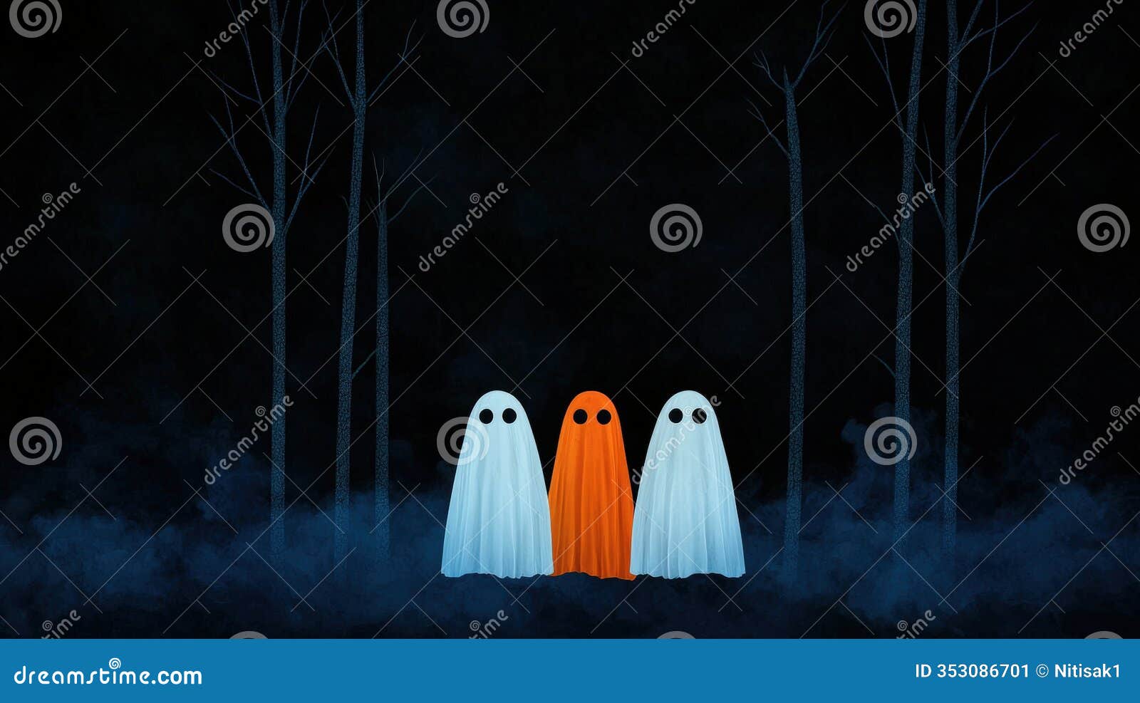 Three Cartoon Ghosts in a Misty Forest Setting Eerie Atmosphere Stock ...
