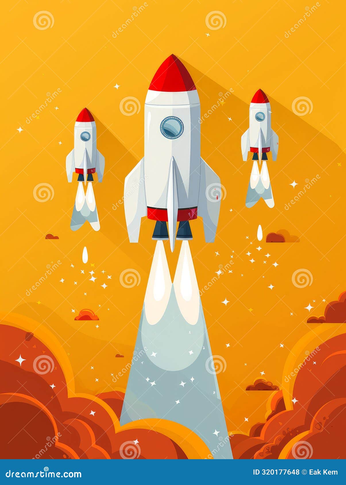 Le Illustration of Three Rocket Ships Taking Off in a Blue Sky with ...