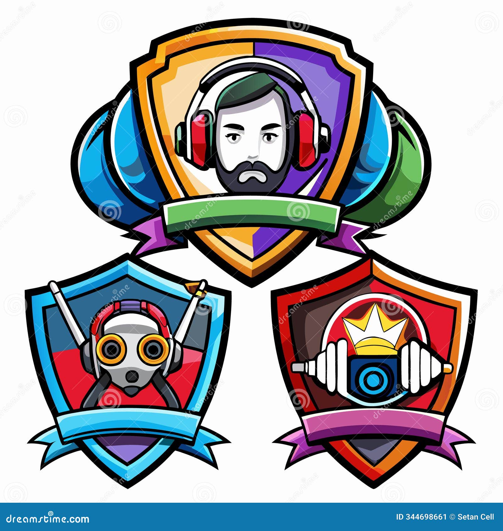 Three Cartoon Shields with Different Characters and Emblems Stock ...