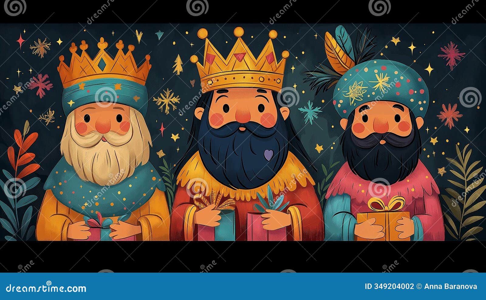 Three Cartoon-style Kings with Gifts Stock Photo - Image of people ...