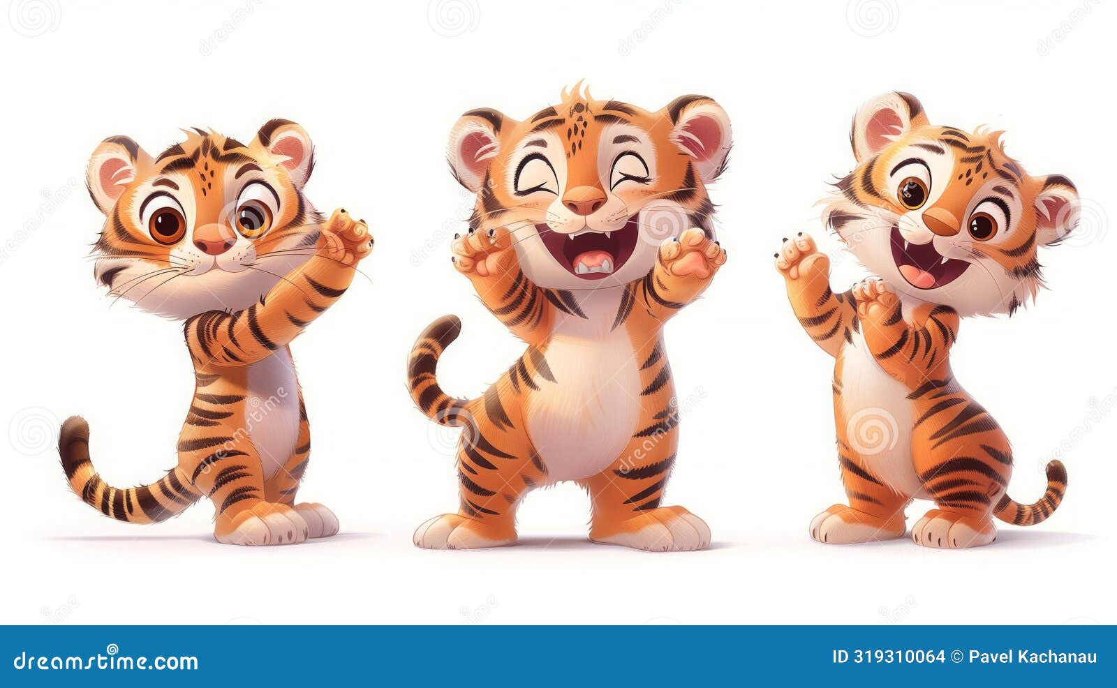 Three Cartoon Tigers Standing in a Row Stock Illustration ...