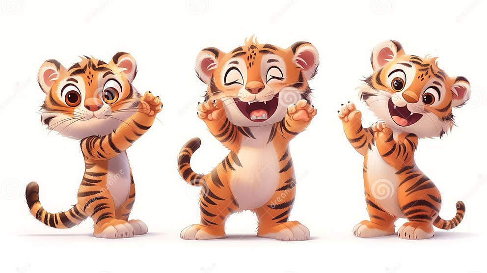 Three Cartoon Tigers Standing in a Row Stock Illustration ...