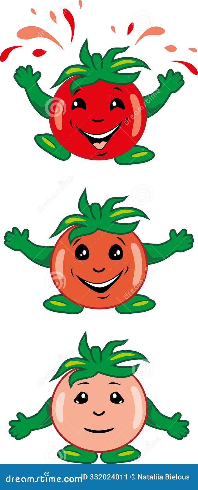 Three Cartoonish Juicy Tomatoes Isolated on White Stock Illustration ...