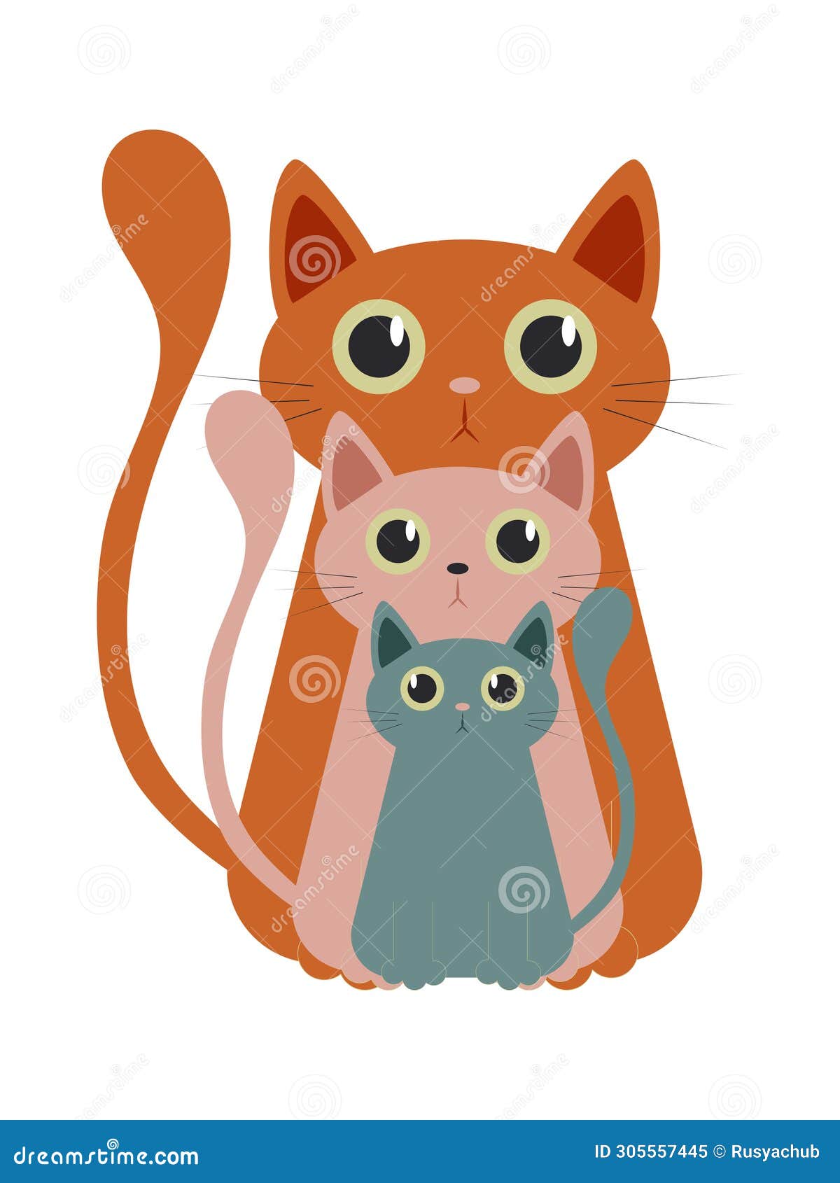 Three Cute Cats with Big Eyes of Red, Pink and Blue Colors Together ...