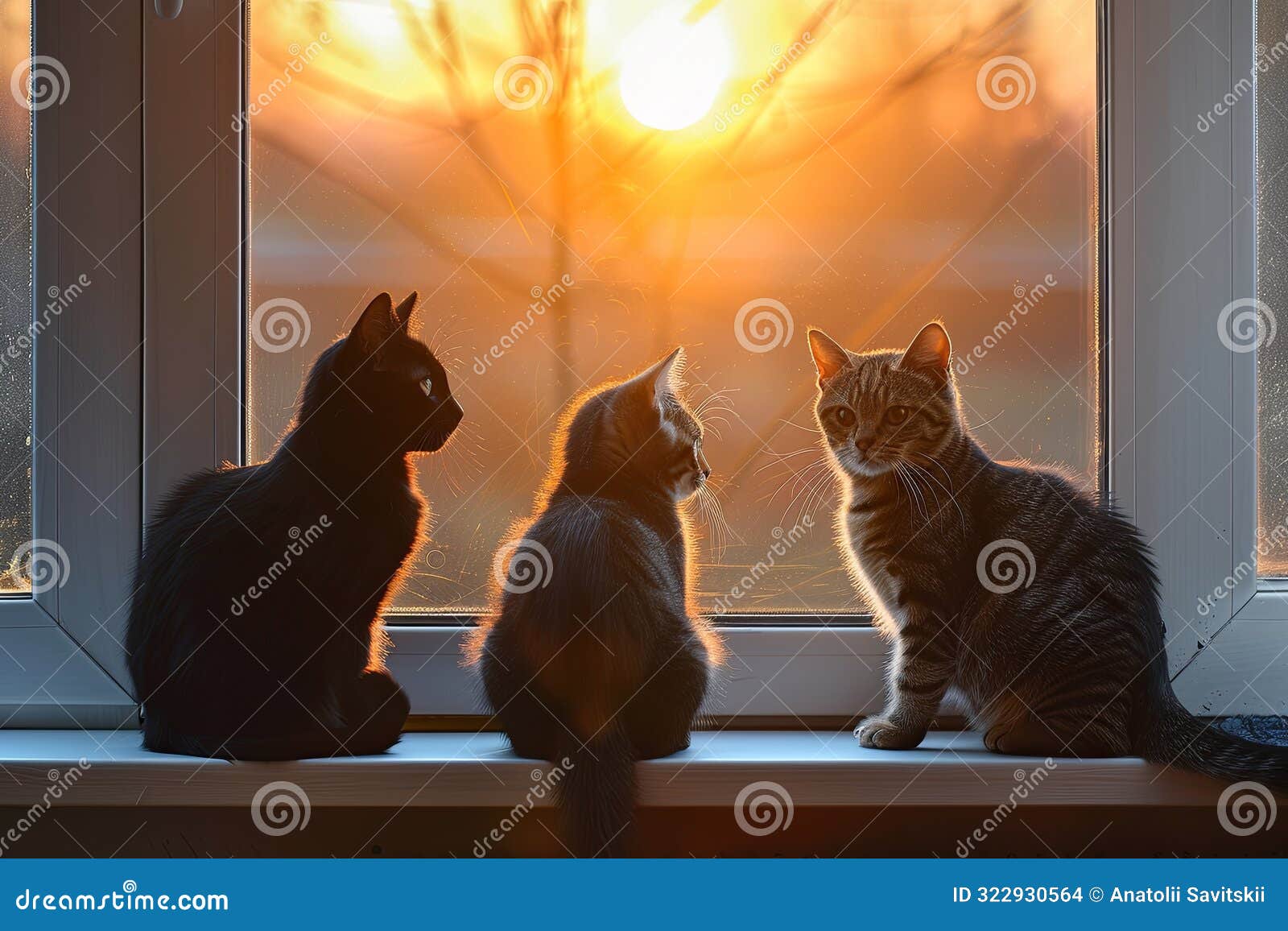 Three Cats Sit on a Windowsill, Watching the Sunset. Black Cat on Left ...