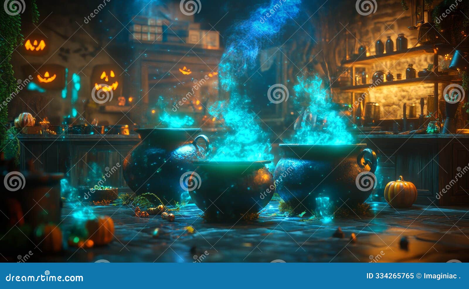 Three Cauldron S Brewing in a Magical Kitchen Stock Illustration ...