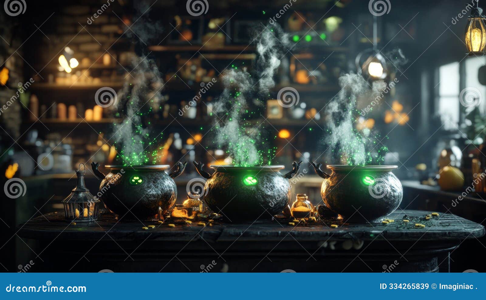Three Cauldrons of Glowing Green Potion in a Dark Room Stock ...