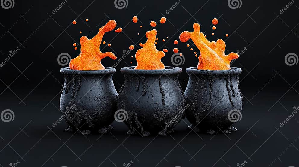 Three Cauldrons with Vibrant Orange Liquid Splashes on a Black ...
