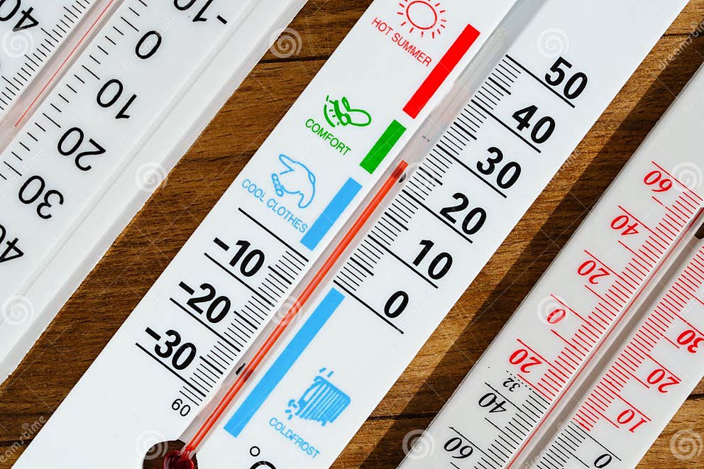 Three Celsius Thermometers on a Wooden Surface Stock Photo - Image of ...