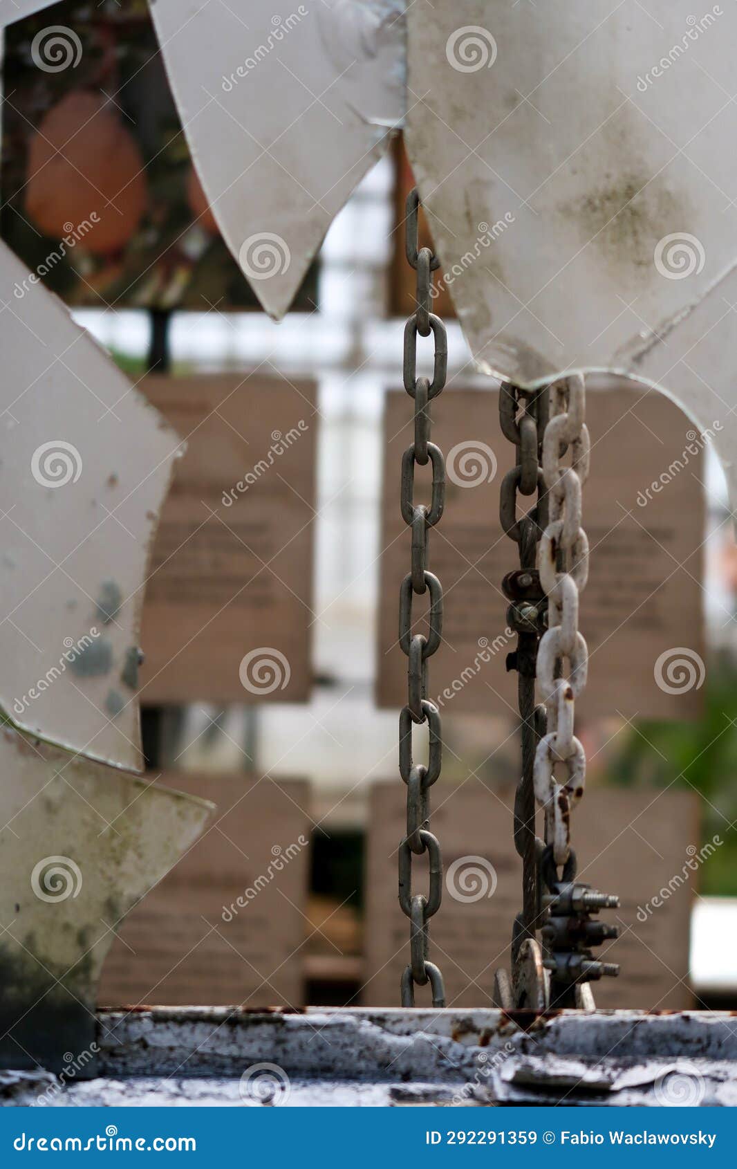 Old Chains Seen through Window with Broken Glass Stock Image - Image of ...