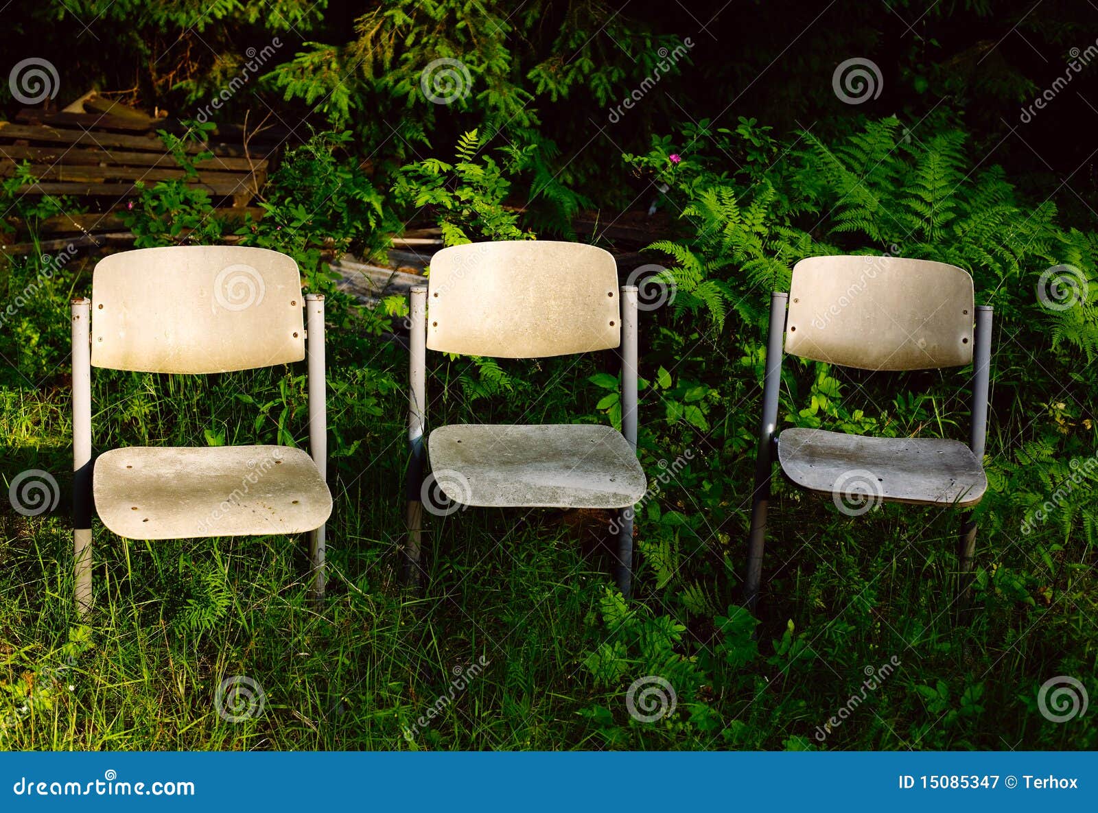 Three chairs in garden stock image. Image of grass, garden - 15085347
