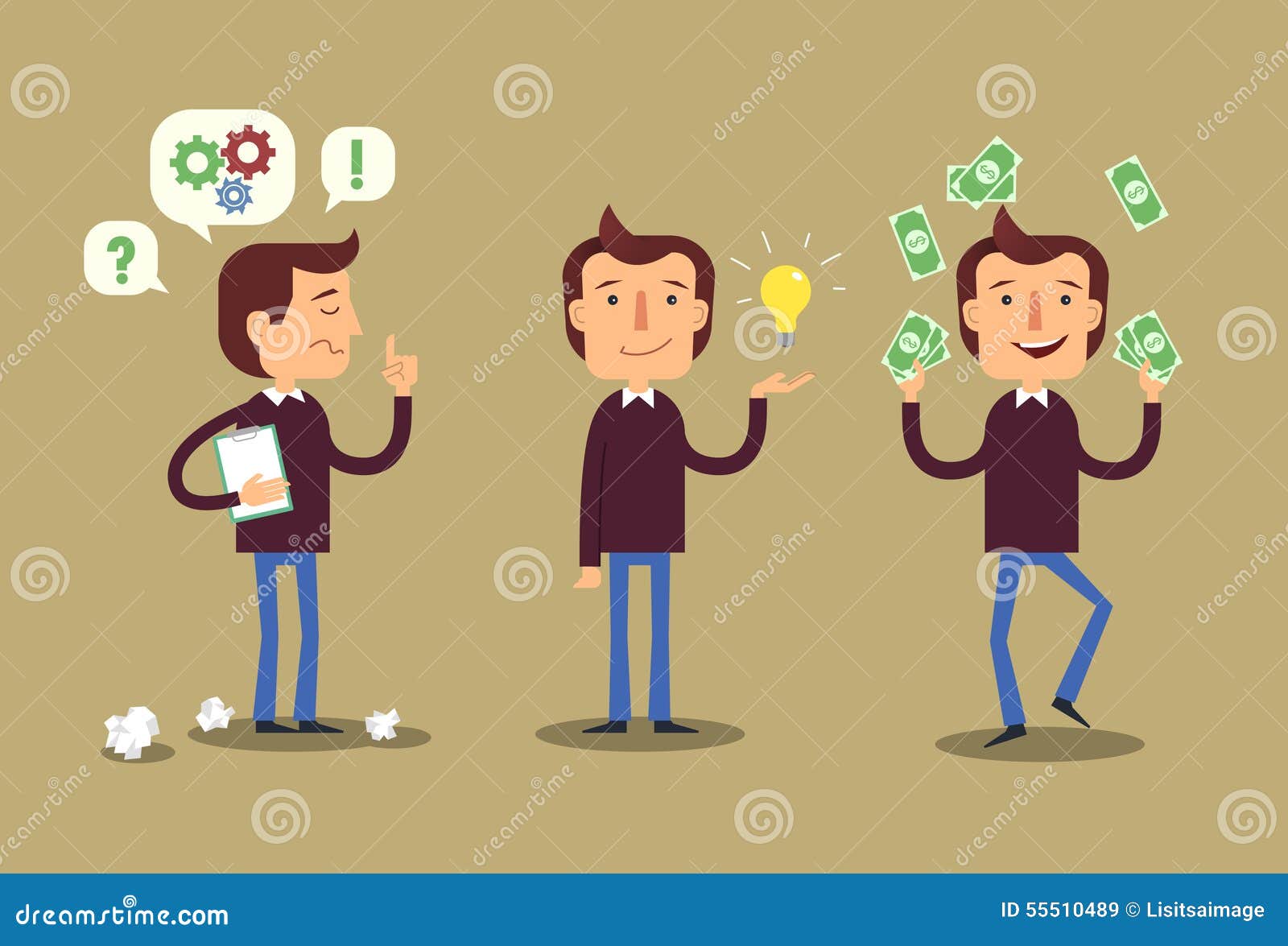 Three Characters - Brainstorm, Idea and Success. Stock Illustration ...