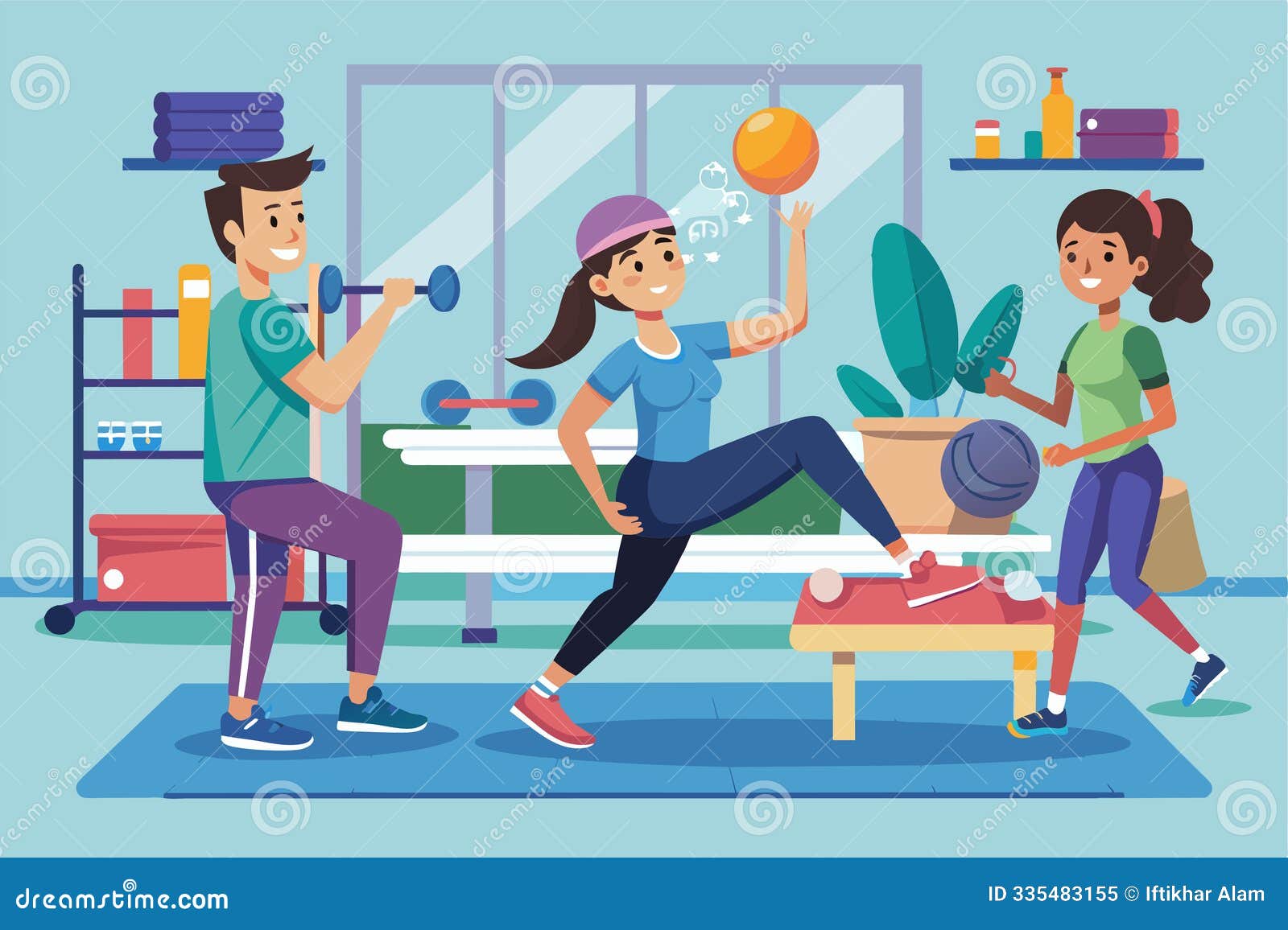 Three Characters Performing Various Physical Therapy Exercises Using ...