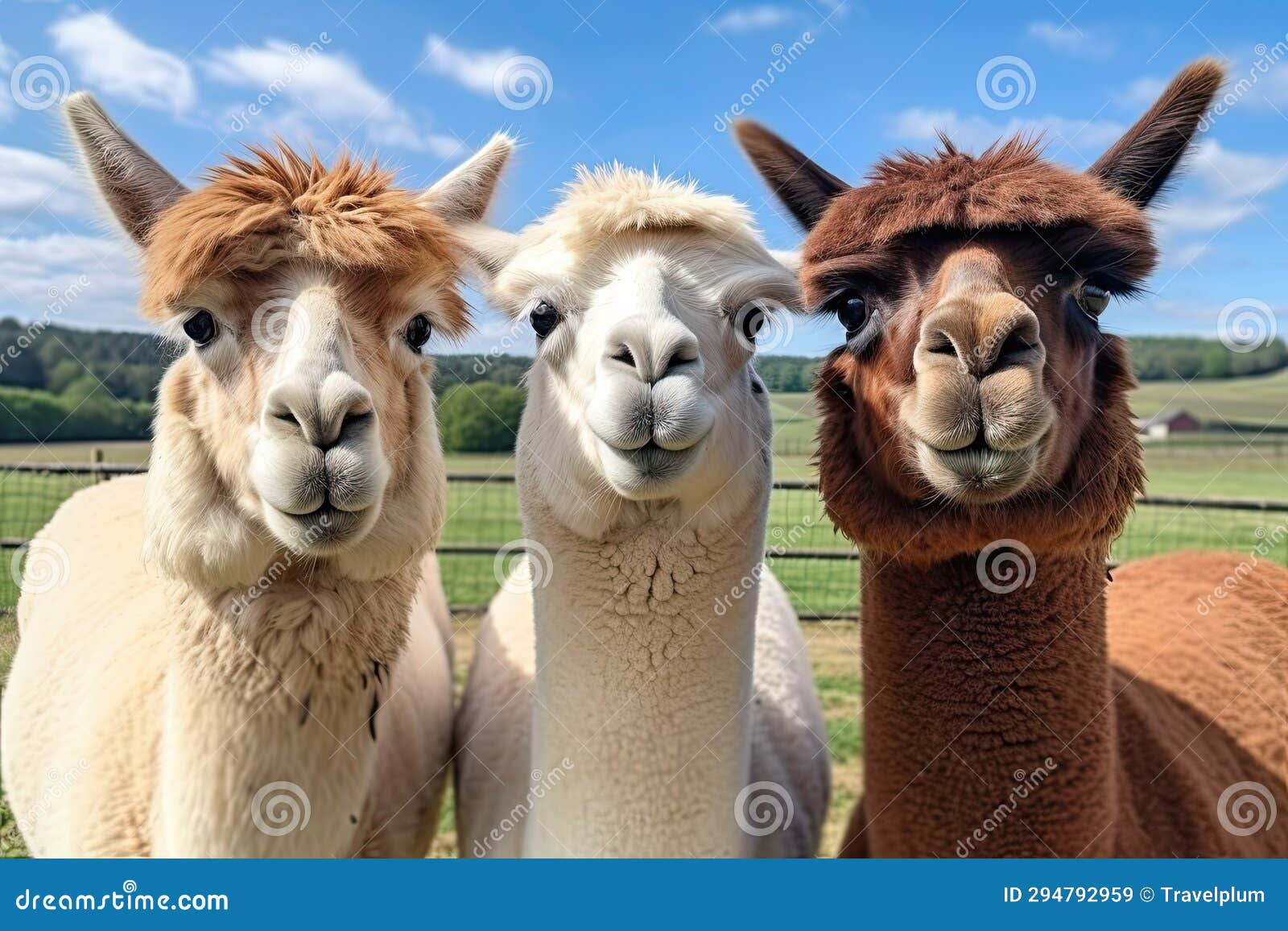 Three Cheerful Alpacas Posing for the Camera on a Farm, Against a ...