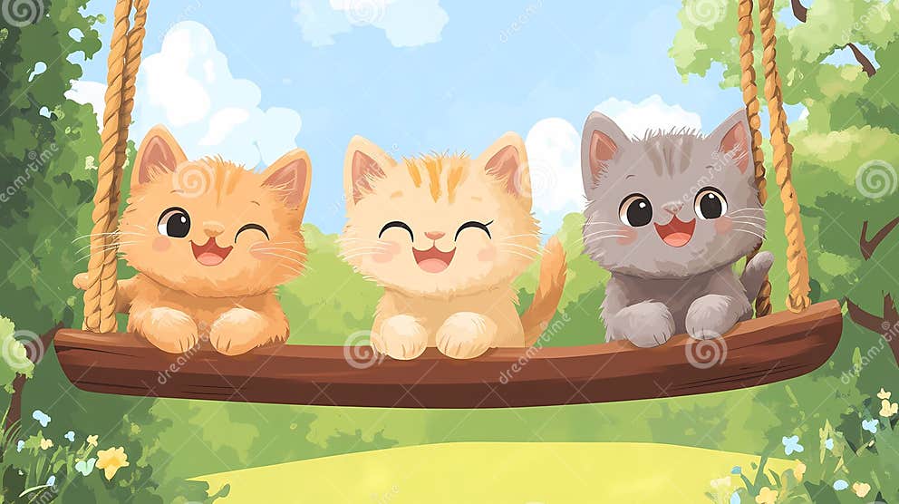 Three Cheerful Kittens on a Swing in a Sunny Park Setting Stock ...