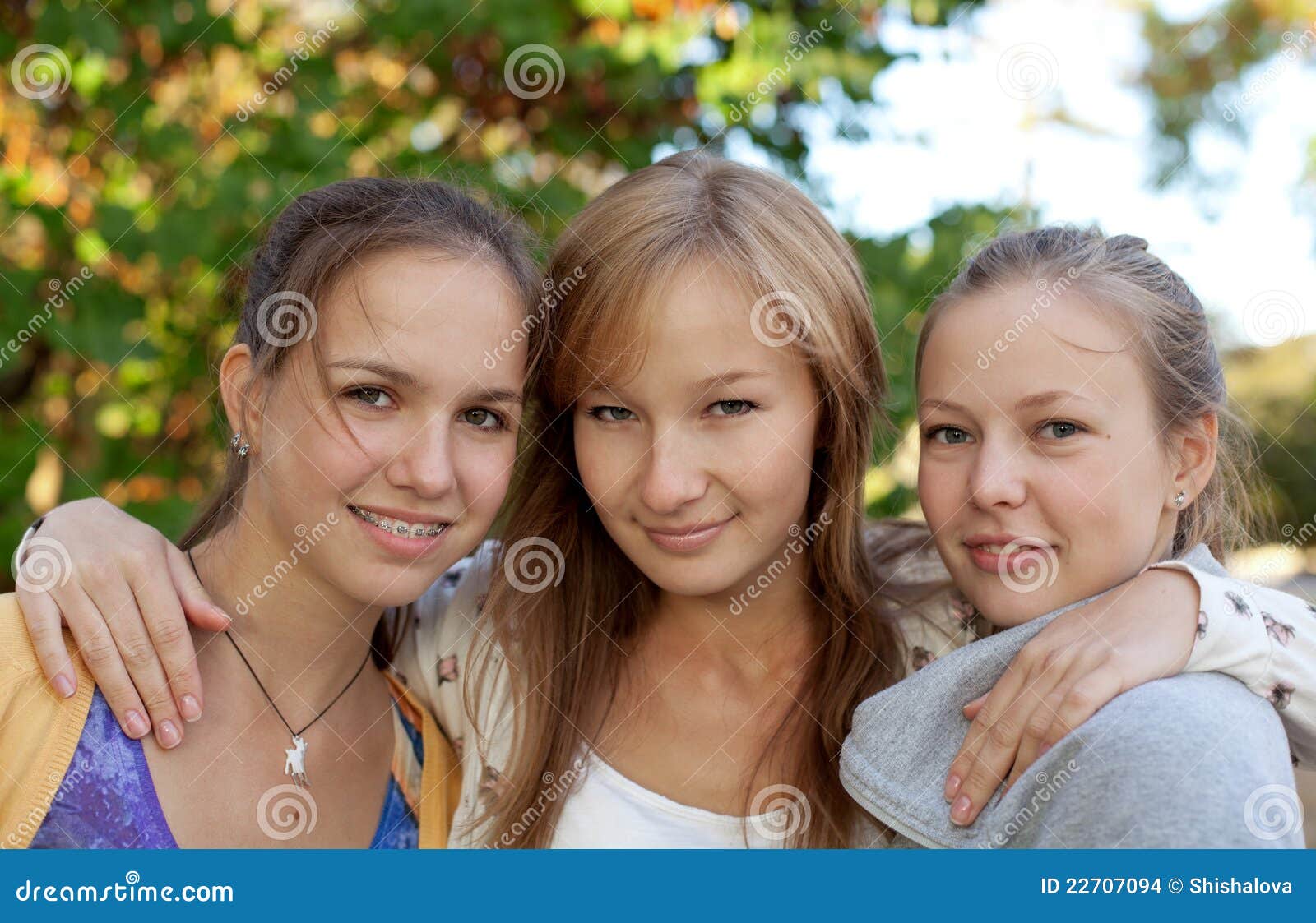 Three Cheerful Student Girls Stock Photo - Image of hugging, common ...