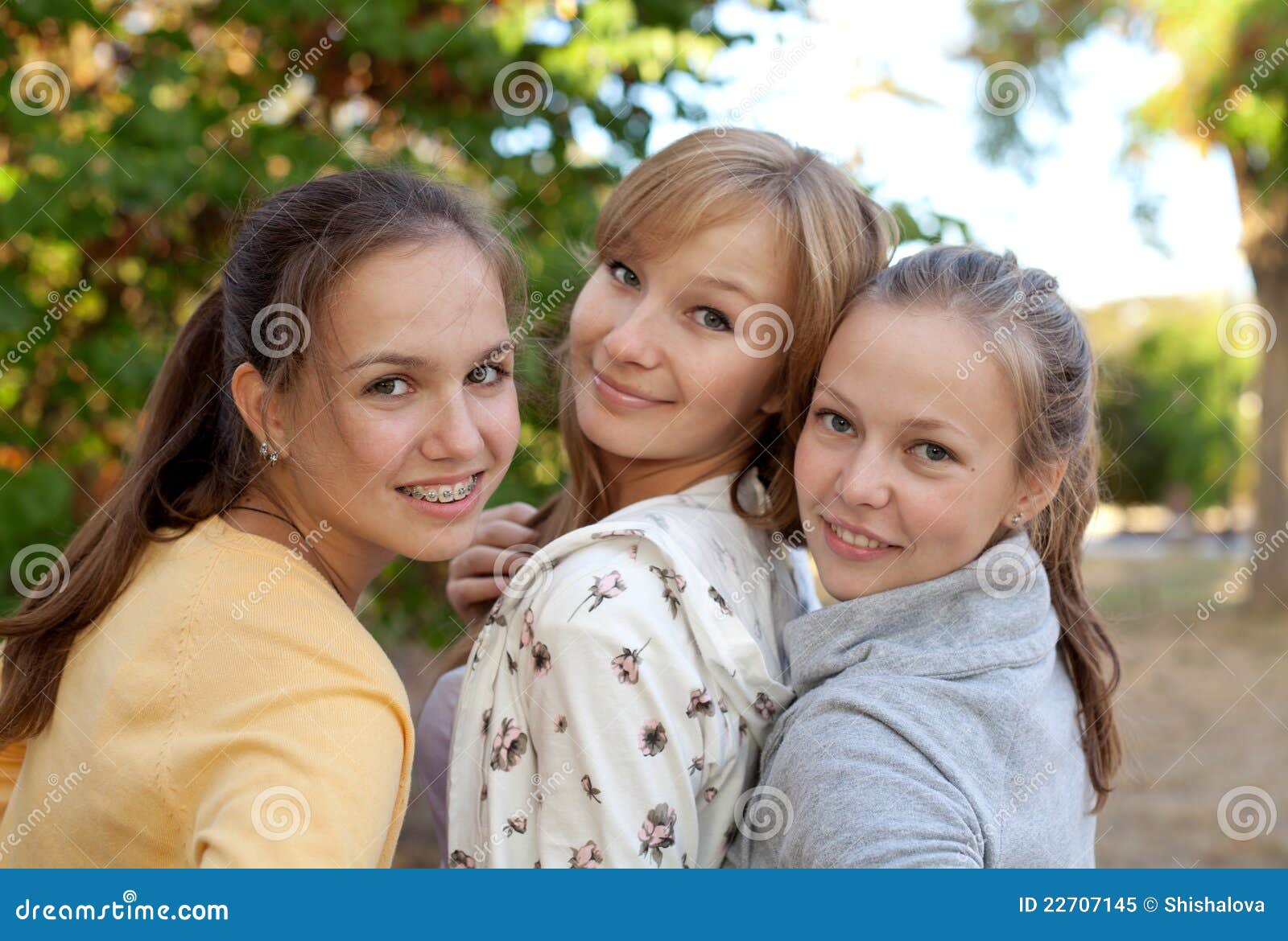 Three Cheerful Student Girls Stock Image - Image of friend, nature ...