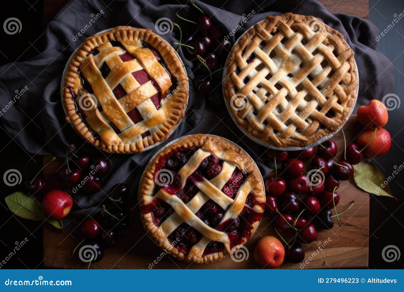Three Cherry Pies, Each with a Different Topping and Presentation Stock ...