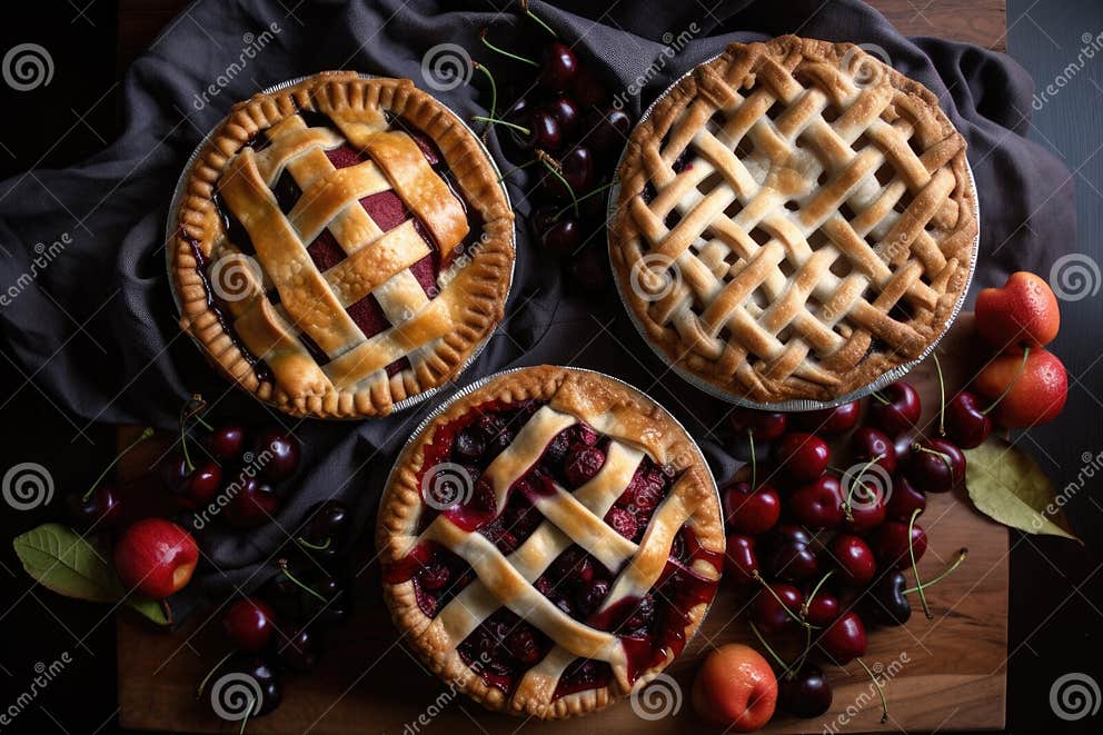 Three Cherry Pies, Each with a Different Topping and Presentation Stock ...
