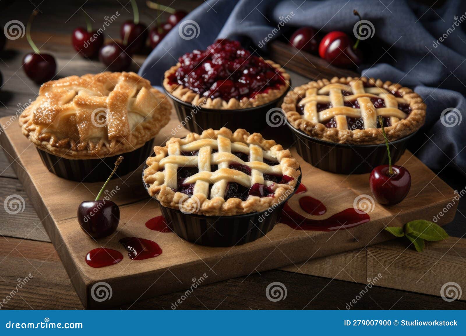 Three Cherry Pies, Each with a Different Topping and Presentation Stock ...