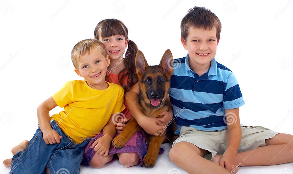 Three Children and Dog stock photo. Image of buddies, affectionate ...