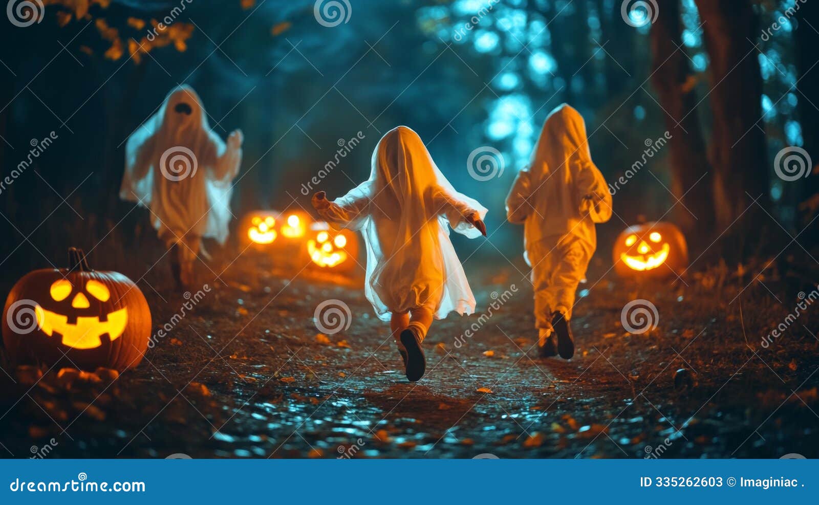 Three Children Dressed As Ghosts Running through a Forest with Jack-O ...