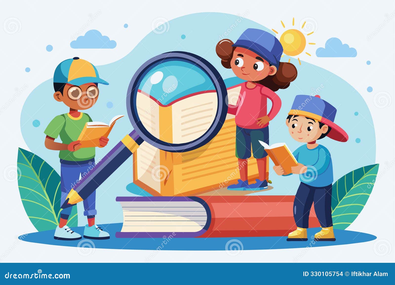 Three Children Explore Books Using a Magnifying Glass and Pencil ...