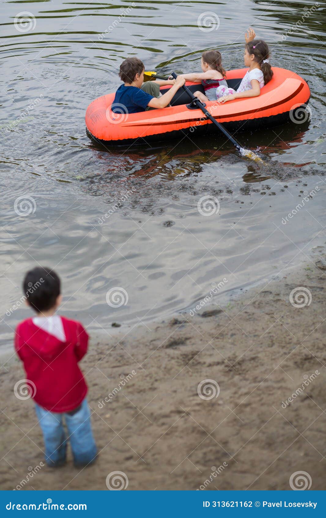 Three Children Floating in a Rubber Boat on the Stock Photo - Image of ...
