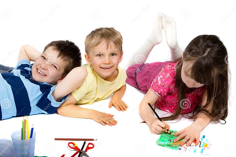 Three Children Happily Drawing Stock Photo - Image of camaraderie, boys ...