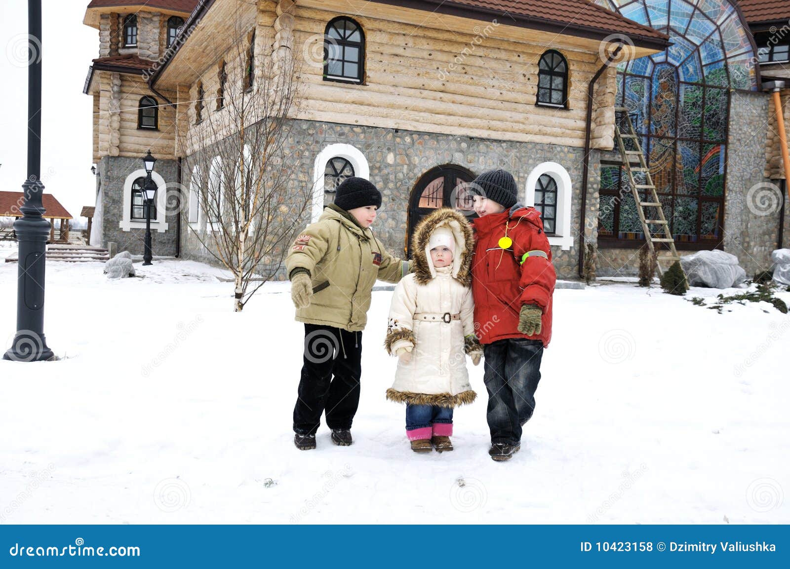 Three Children Have Fun Outdoor in Winter Stock Photo - Image of ...