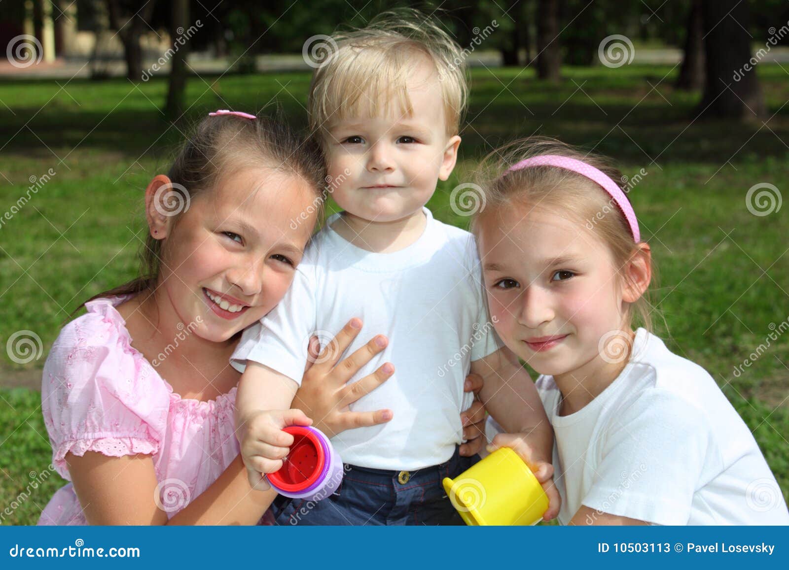 Three Children in Park in Summer Stock Image - Image of grass, cheerful ...