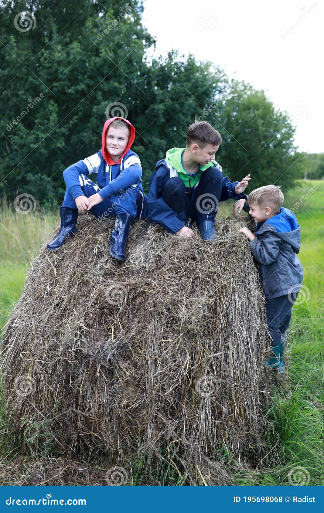 Three Children Playing on Stack of Straw Stock Photo - Image of karelia ...