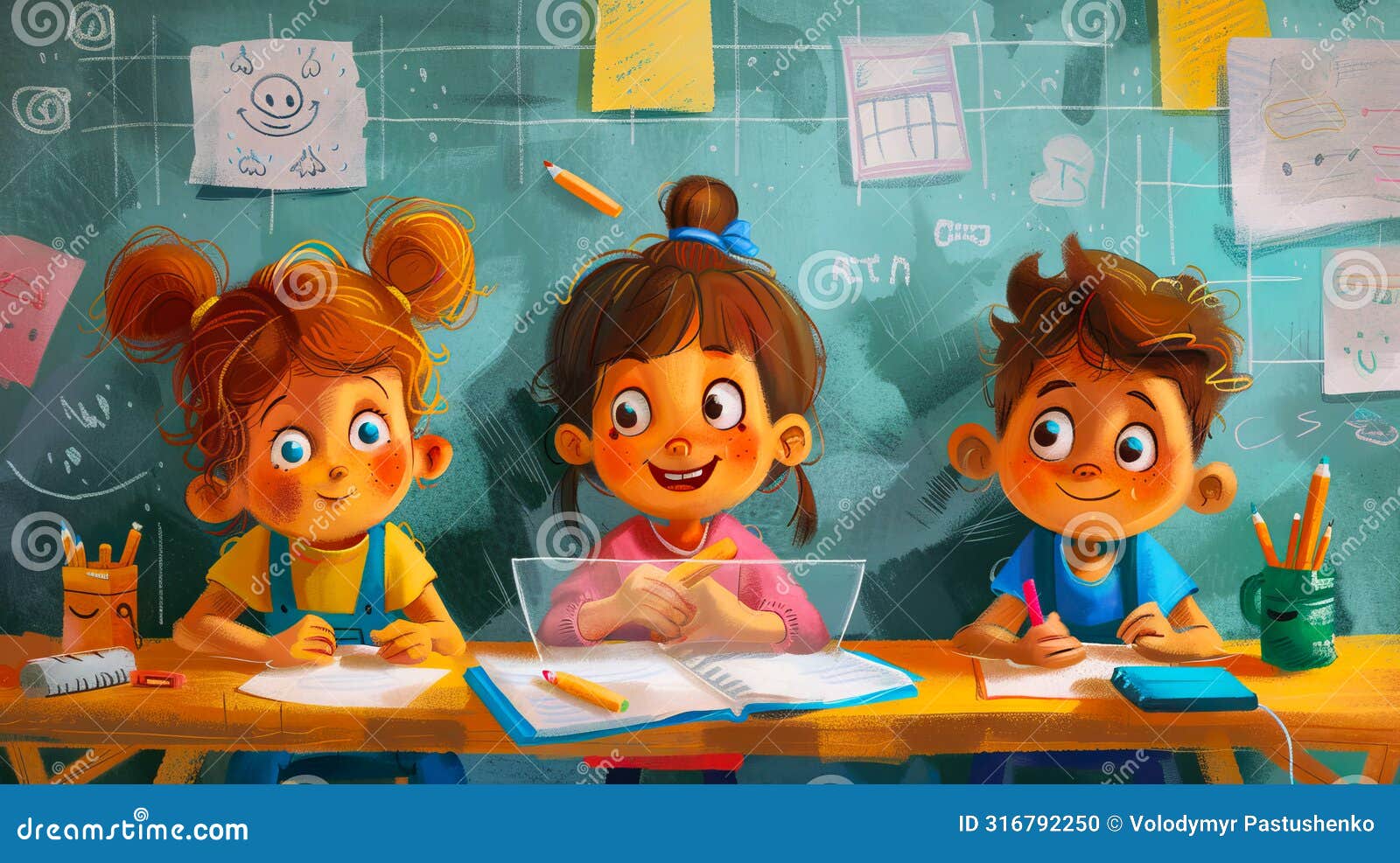 Three Children are Sitting at a Desk with Books and Papers Stock Photo ...