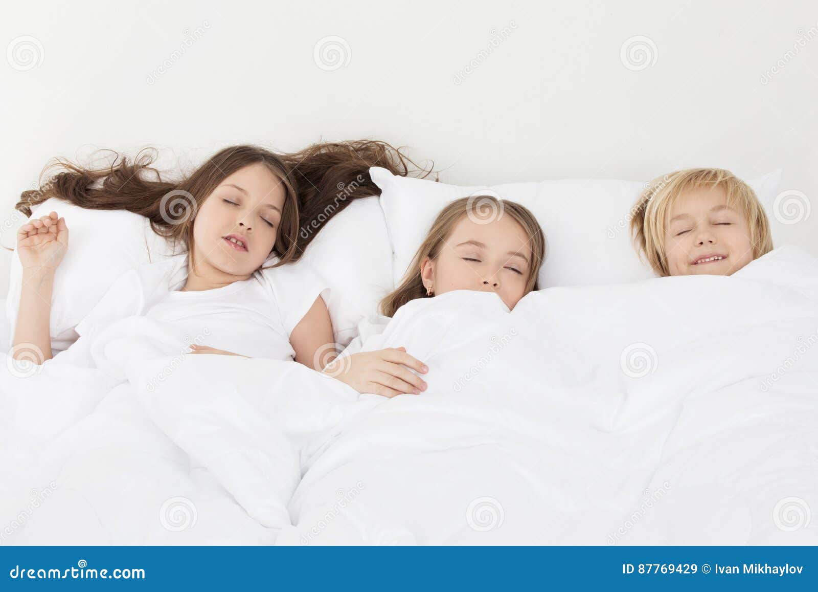 Three Children Sleeping in Bed Stock Image - Image of sister, brother ...