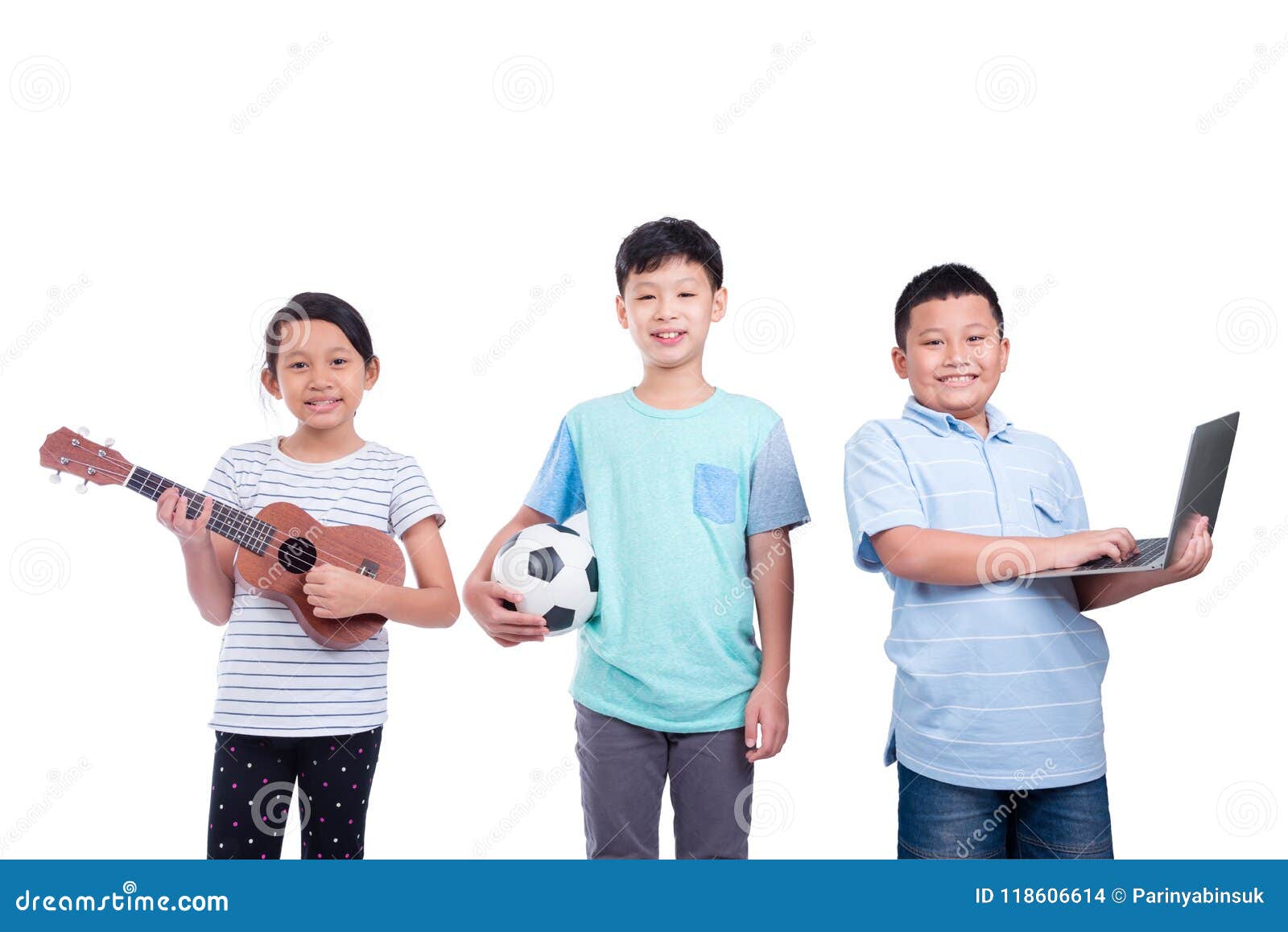 Three Children Smiling Over White Background Stock Photo - Image of ...