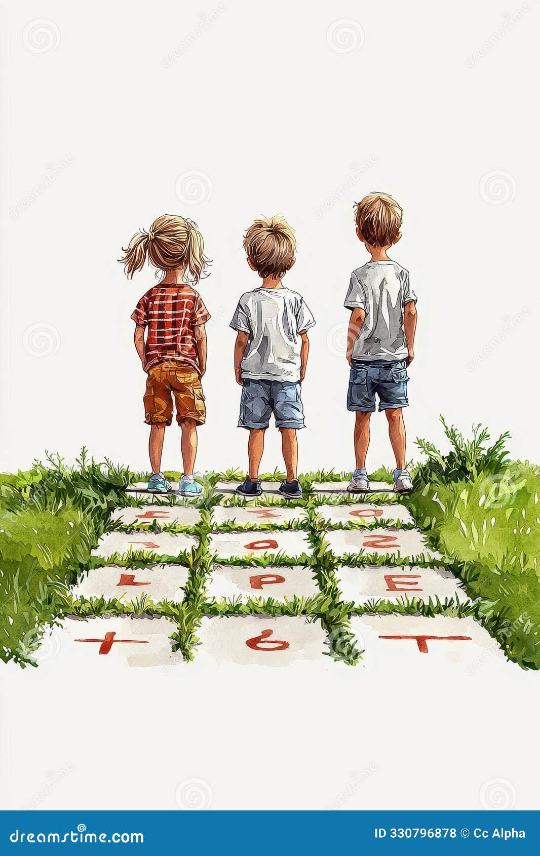 Three Children Stand on a Sidewalk with Numbers and Letters Painted on ...