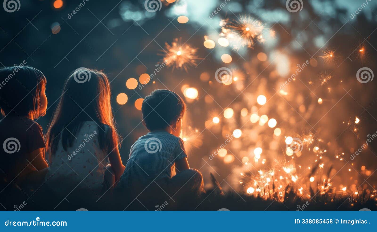 Three Children Watching Fireworks Display in the Night Stock ...