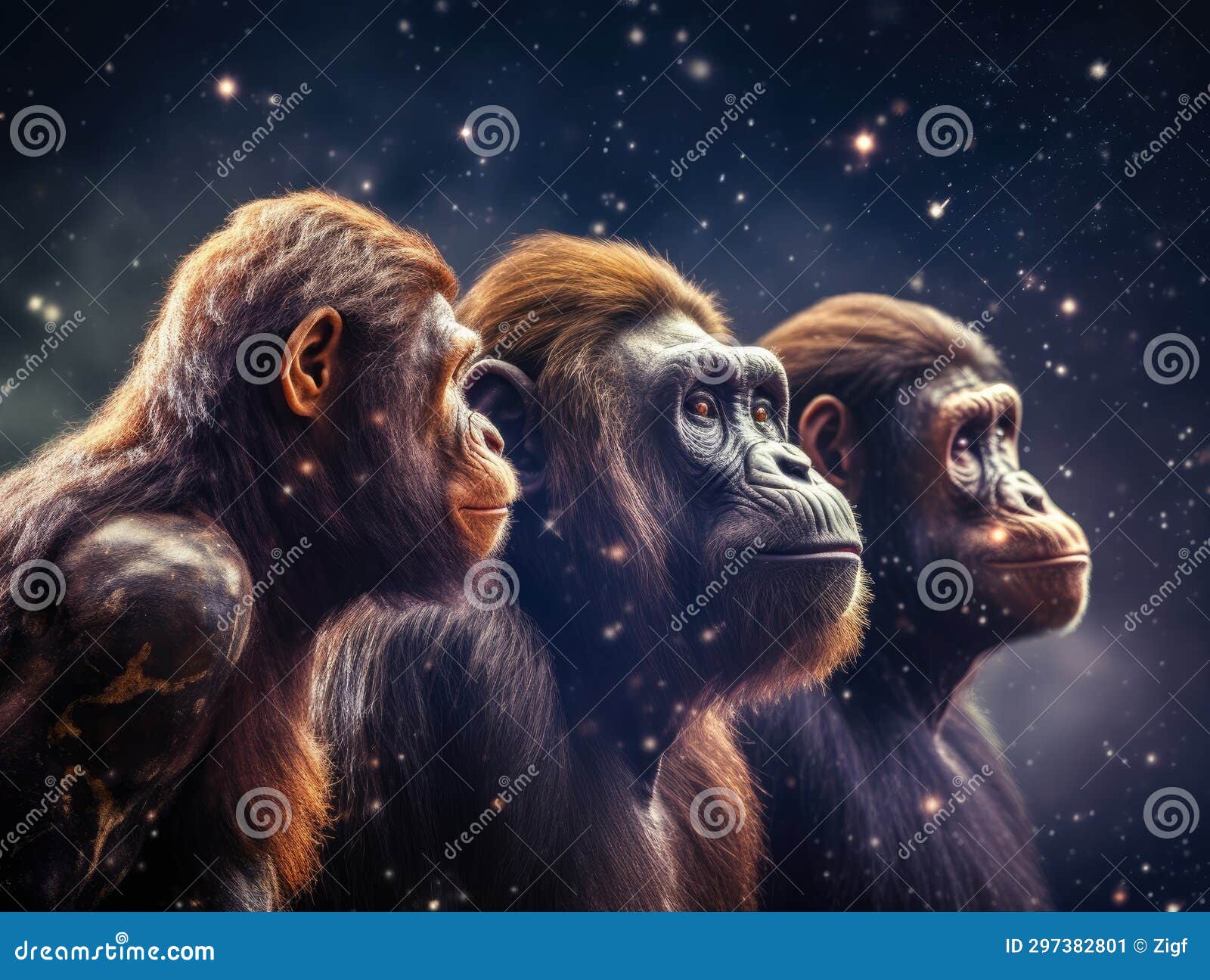 Three Chimpanzees Standing in Front of a Starry Sky Stock Illustration ...