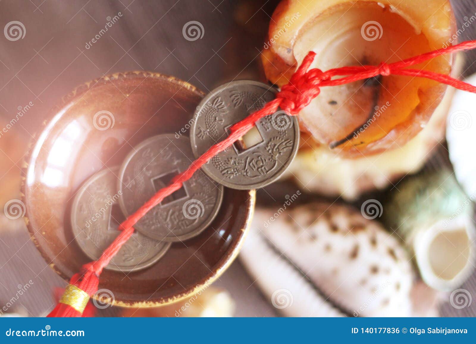 Three Chinese Coins, Shells and Candles Stock Photo - Image of luck ...